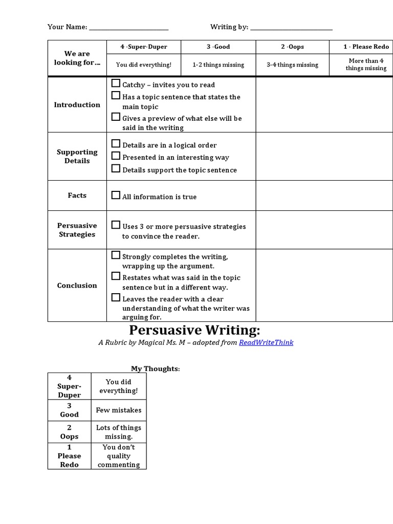 Persuasive Writing Evaluation Rubric | PDF