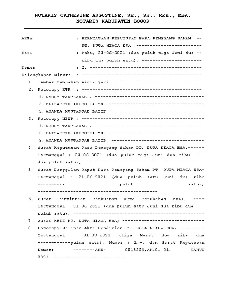 Akta Keputusan Pemegang Saham PT Duta Niaga | PDF | Sains & Matematika ...