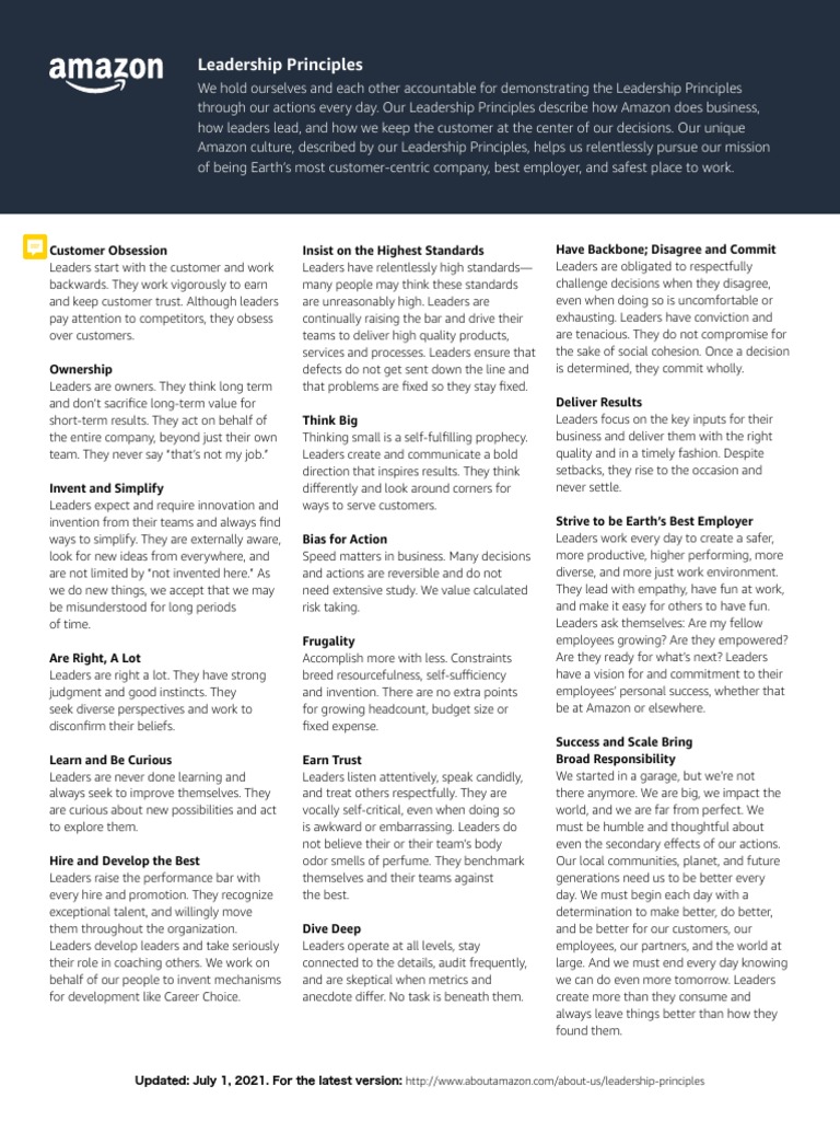 Amazon Leadership Principles Overview | PDF | Leadership | Cognition