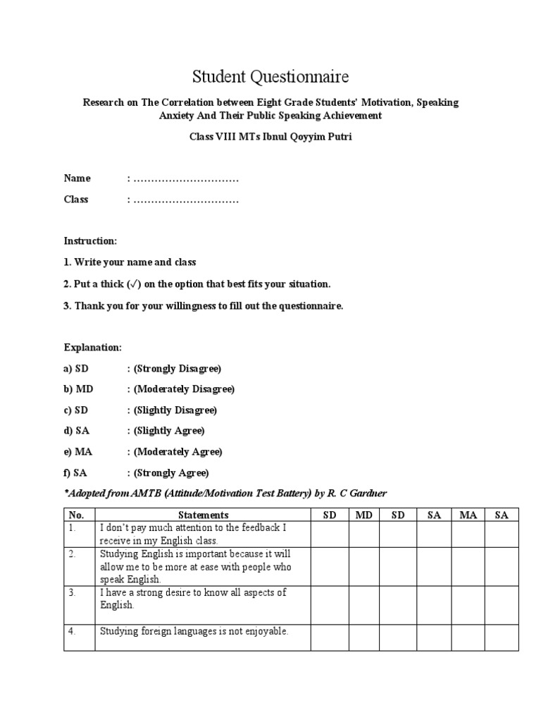 Student Questionnaire: Adopted From AMTB (Attitude/Motivation Test ...