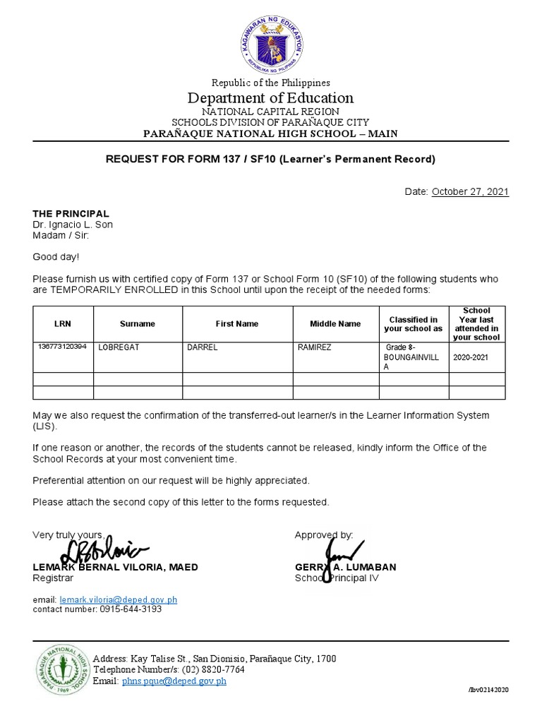 Request for Form 137/SF10 Records | PDF
