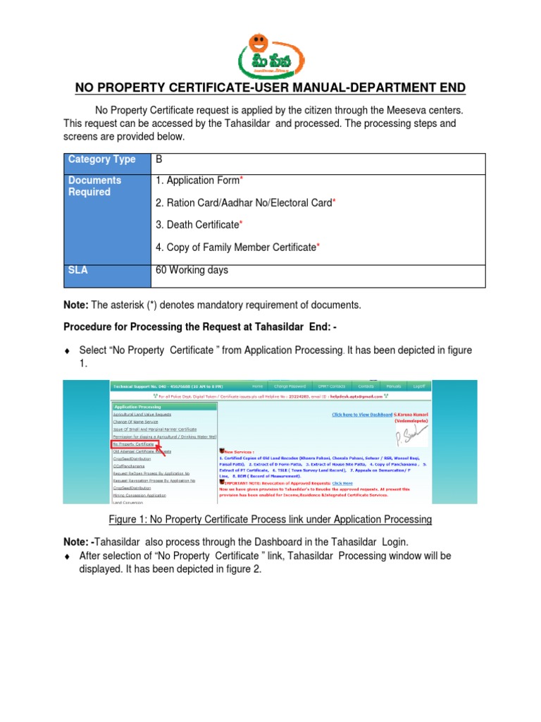 MEESEVA User Manual For DEPT-No Property Certificate | PDF | Software | Computing