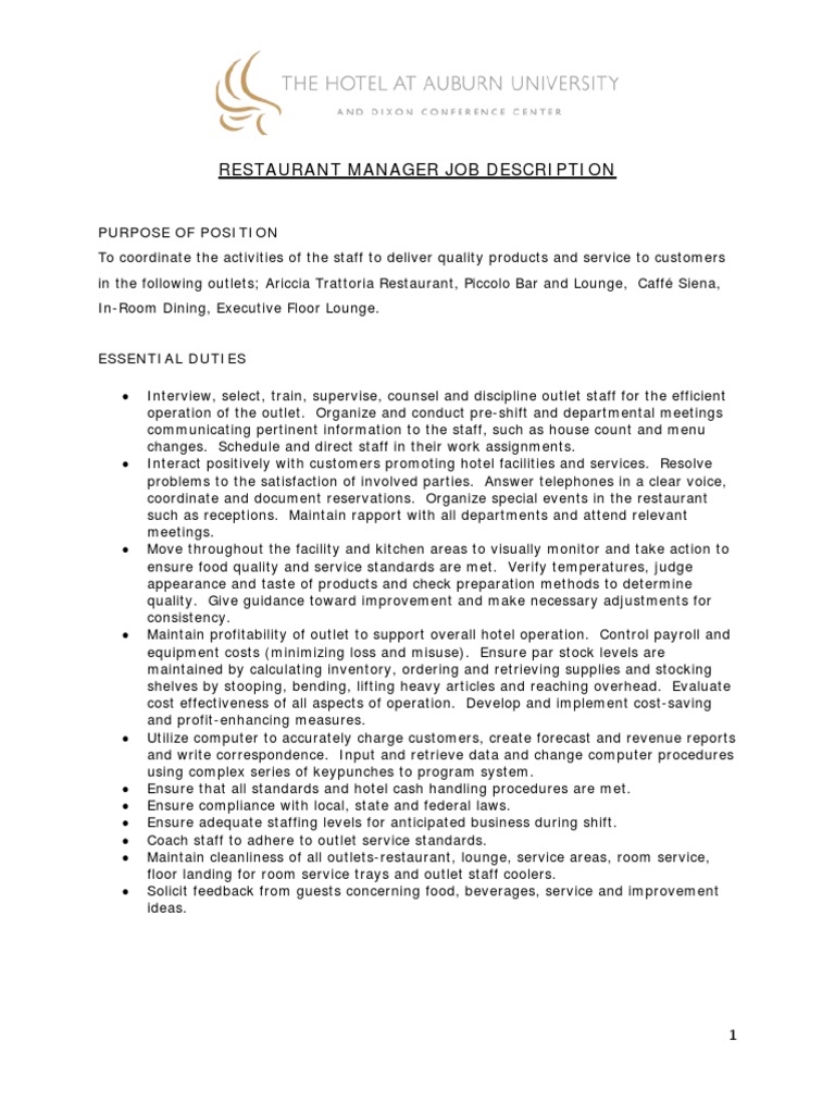 Restaurant Manager Job Description: Purpose of Position | PDF | Employment