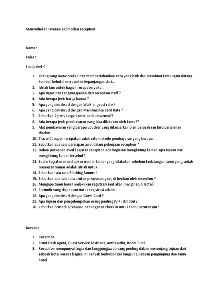 Menyediakan Layanan Akomodasi Reception B | PDF