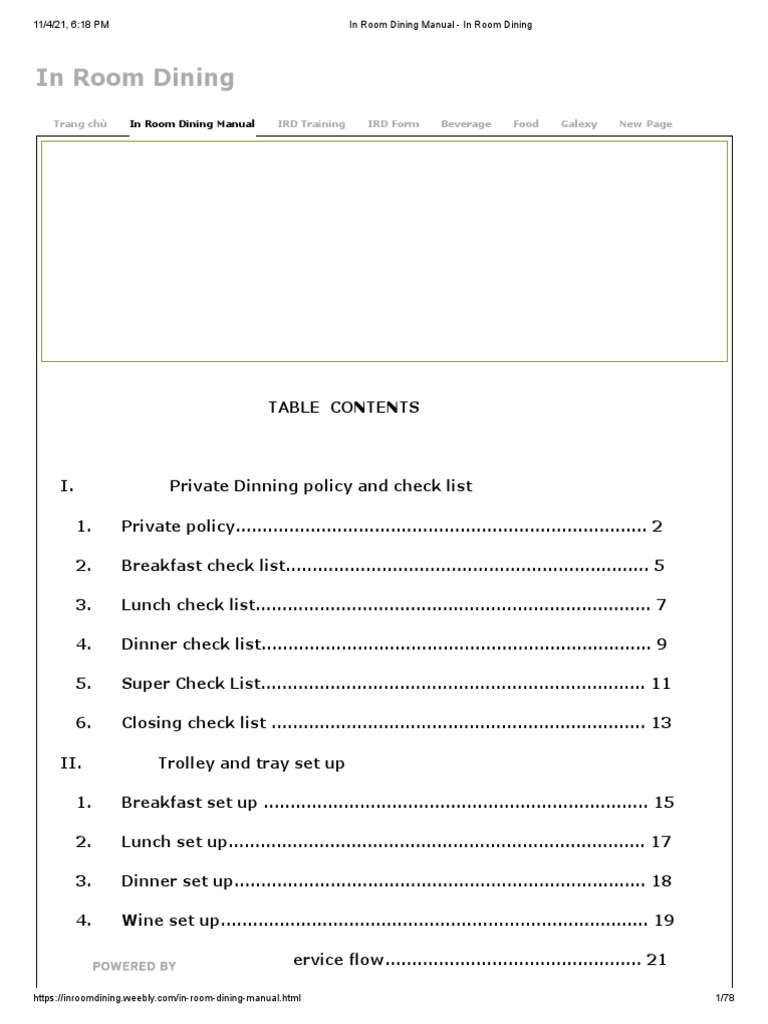 In Room Dining Manual - in Room Dining | PDF | Hospitality Industry ...