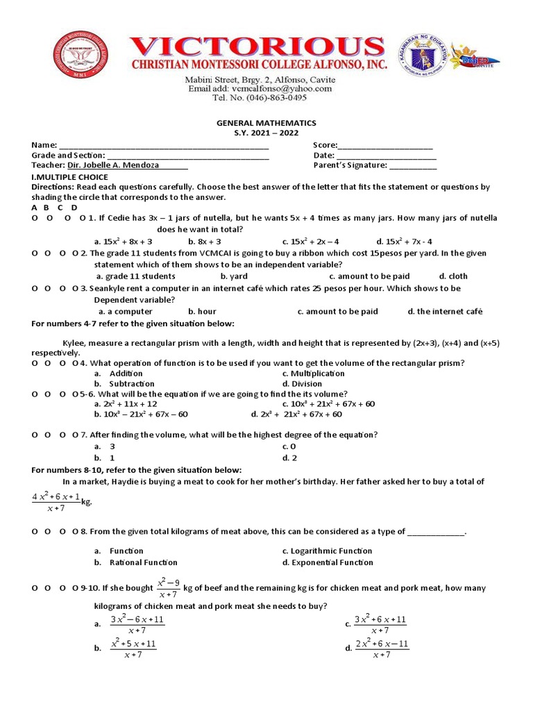 Exam For General Mathematics | PDF | Mathematics