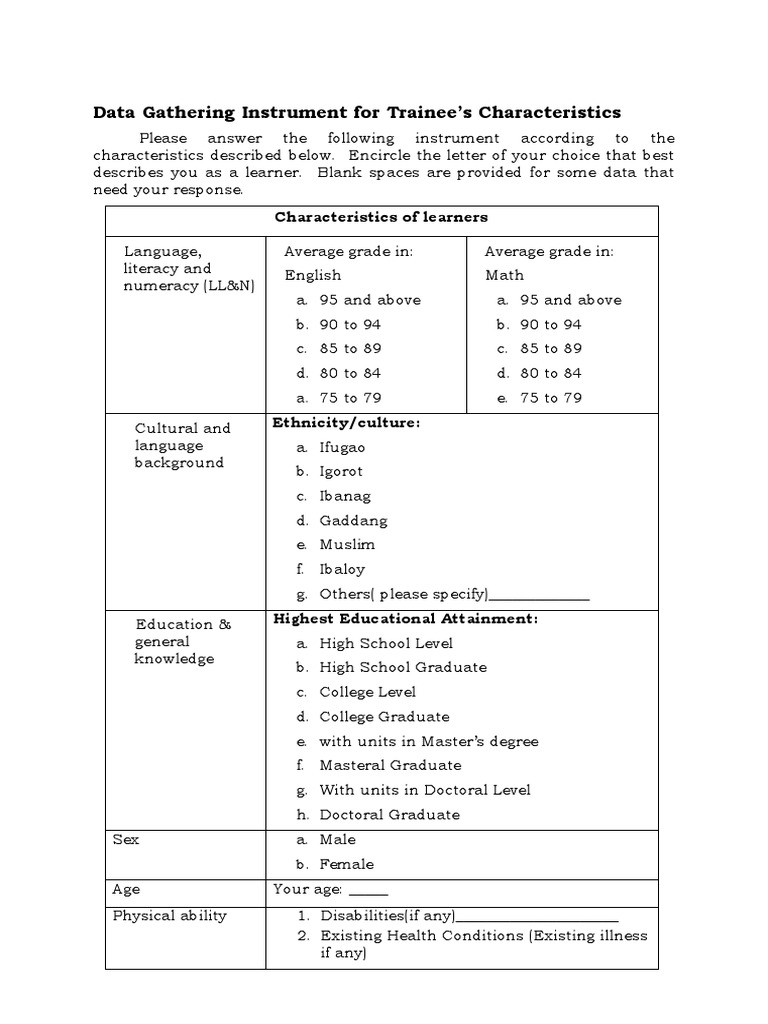Data Gathering Instrument For Trainee | PDF | Restaurants | Learning