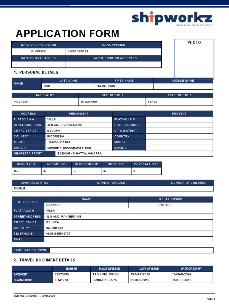 Shipworkz Application Form | PDF | Transport | Shipping