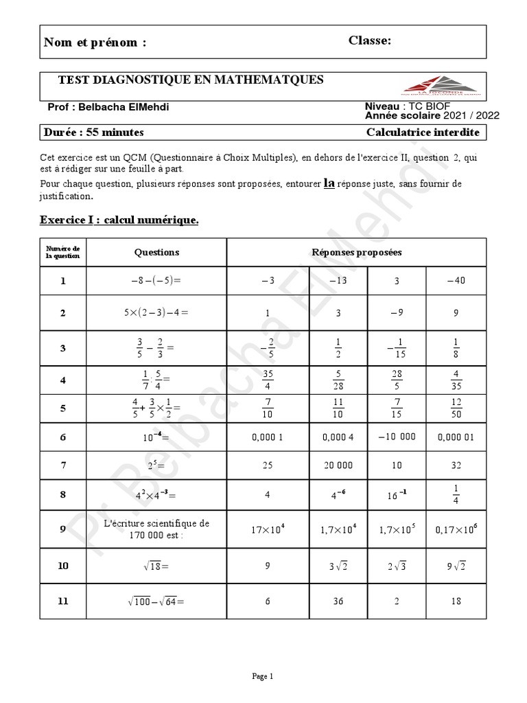 Test Diagnostique TC Biof 2021 | PDF | Mathématiques | Objets mathématiques