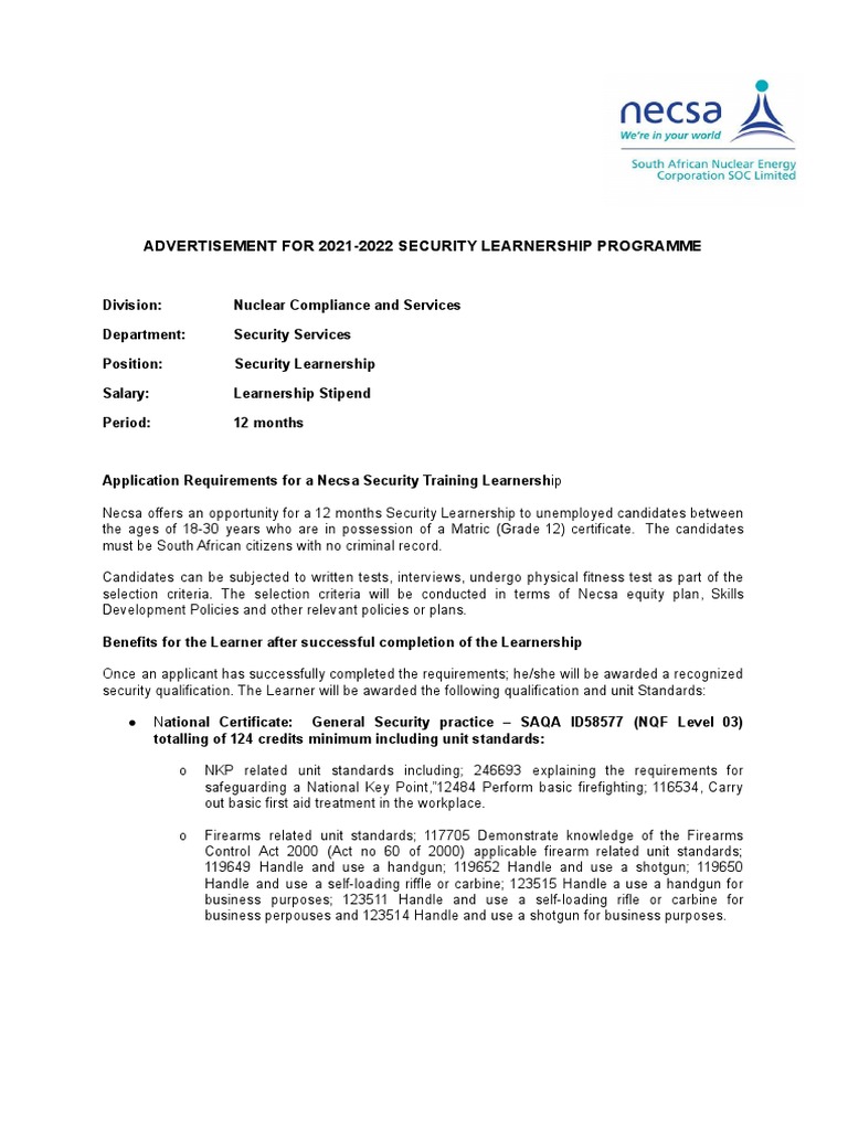 Advertisement For 2021-2022 Security Learnership Programme | PDF