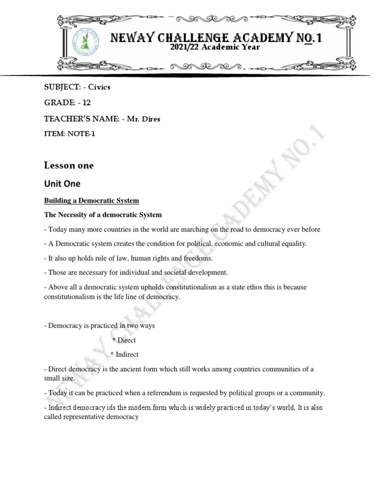 Civics Grade 12 Lesson Note 1 | PDF | Political Ideologies | Democracy