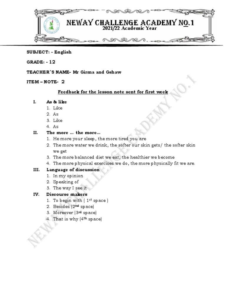 English Grade 12 Lesson Note 2 | PDF | Word | Grammatical Tense