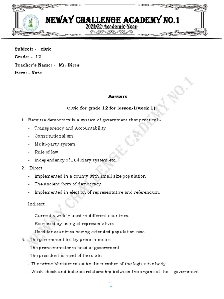 Civics Grade 12 Lesson Note 2 | PDF | Political Ideologies | Democracy