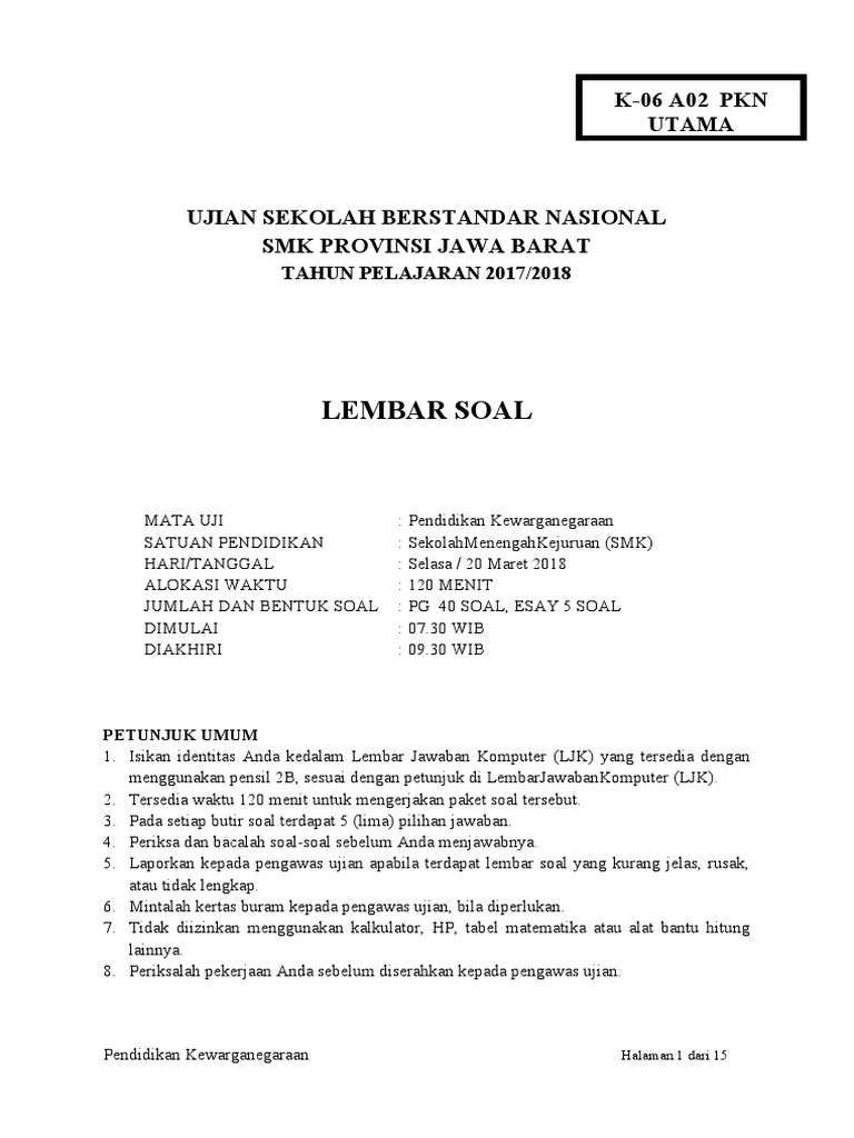 Lembar Soal: K-06 A02 PKN Utama | PDF