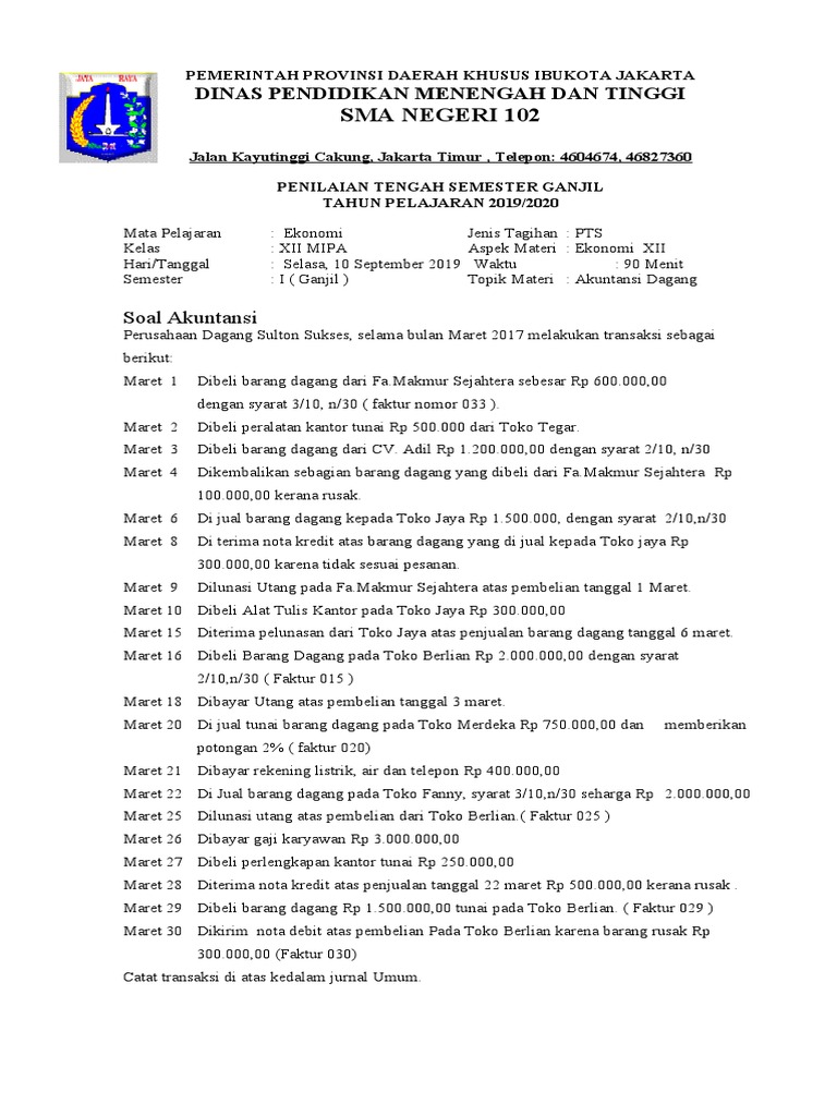 Soal Jurnal Umum UTS XII 2019 | PDF