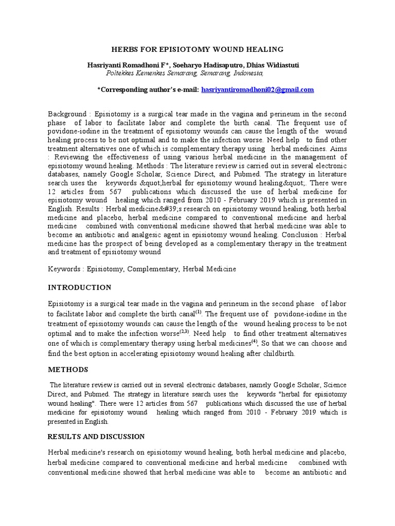 Herbs For Episiotomy Wound Healing: Hasriyanti Romadhoni F, Soeharyo ...
