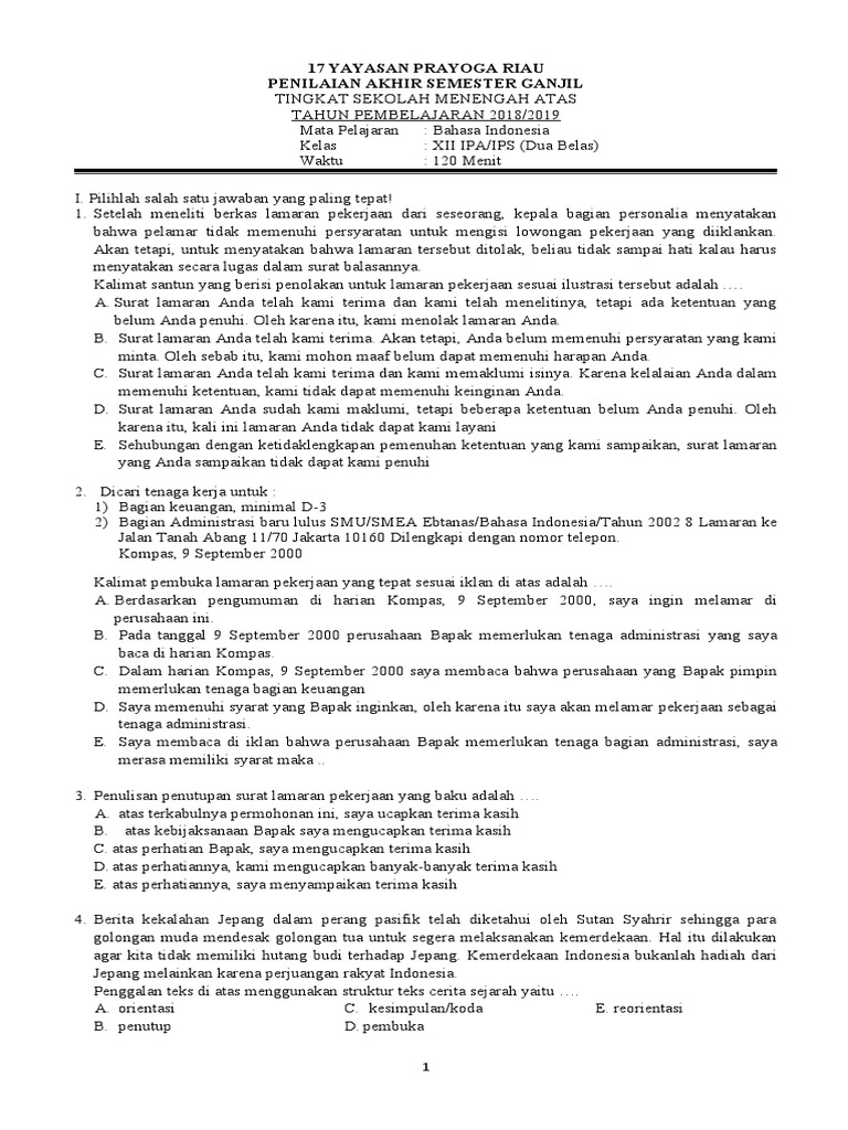 Soal B.indo Kls Xii Ganjil Revisi | PDF