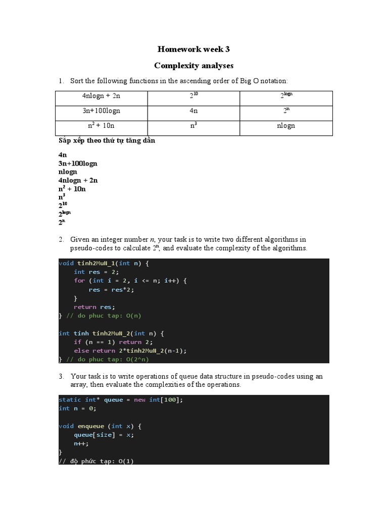 Homework week 3 Complexity analyses: Sắp xếp theo thứ tự tăng dần 4n 3n ...