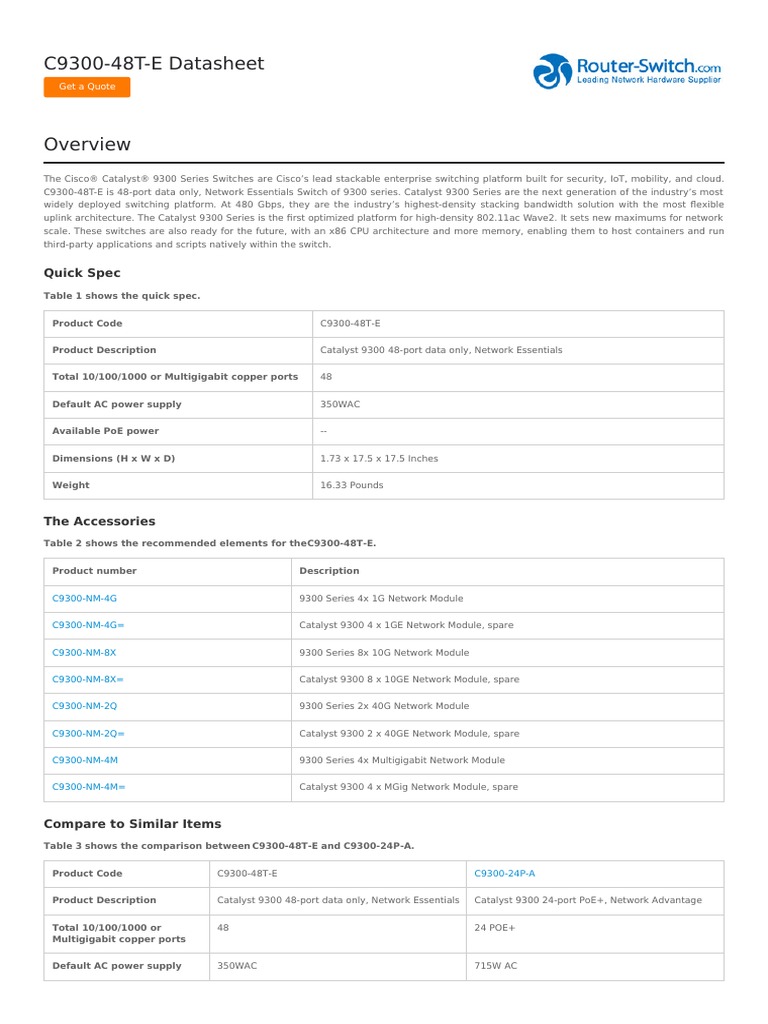 C9300-48T-E Datasheet: Quick Spec | PDF | Network Switch | Ethernet