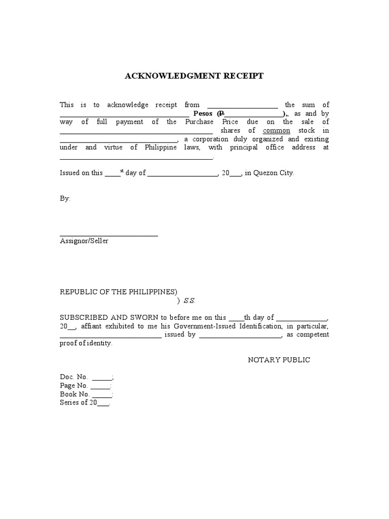 Acknowledgement Receipt (Sale of Shares of Stock) | PDF