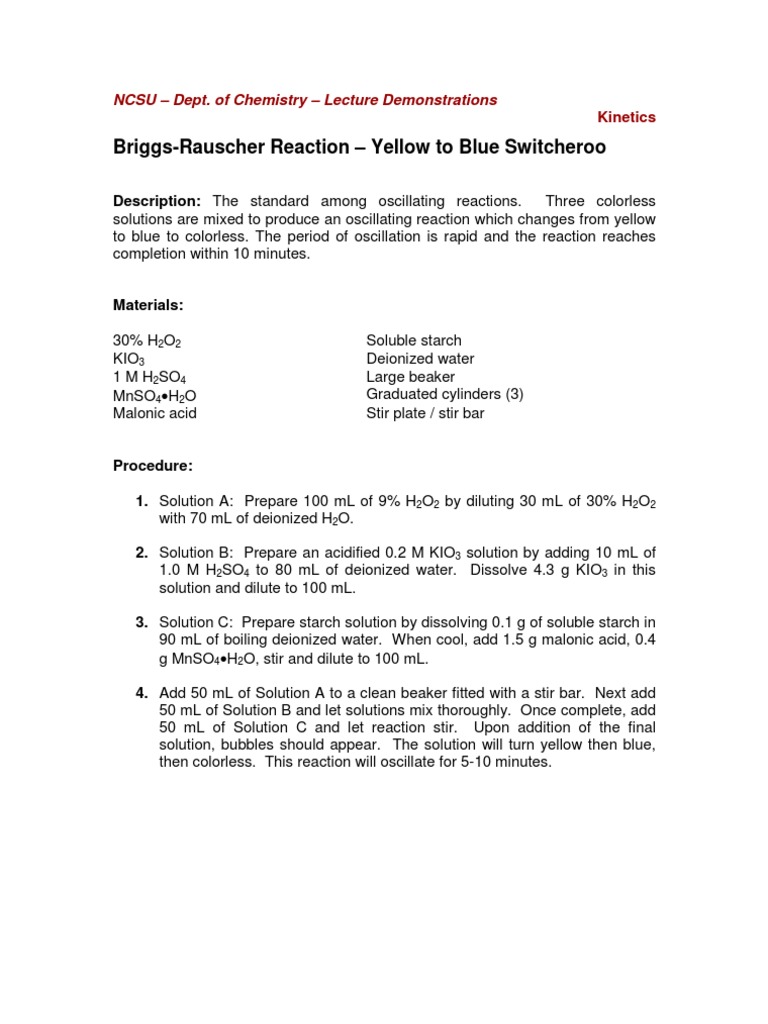 Briggs-Rauscher Oscillating Reaction Guide | PDF
