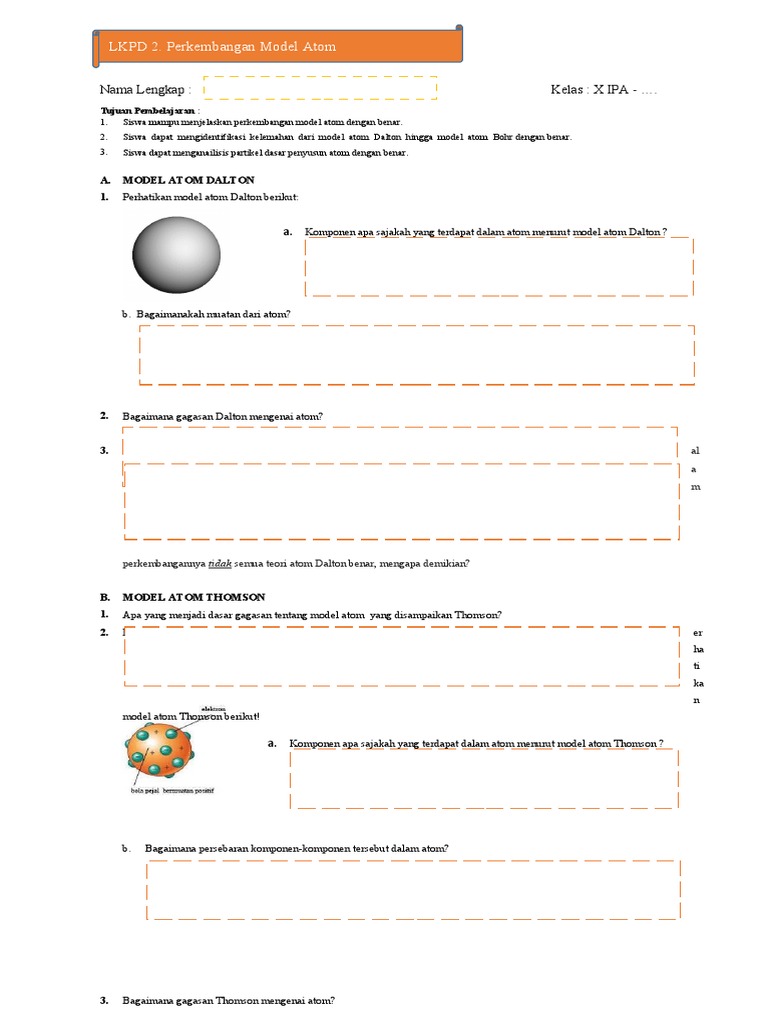 Kelas 10 - LKPD - Perkembangan Model Atom - 2122 | PDF | Sains & Matematika