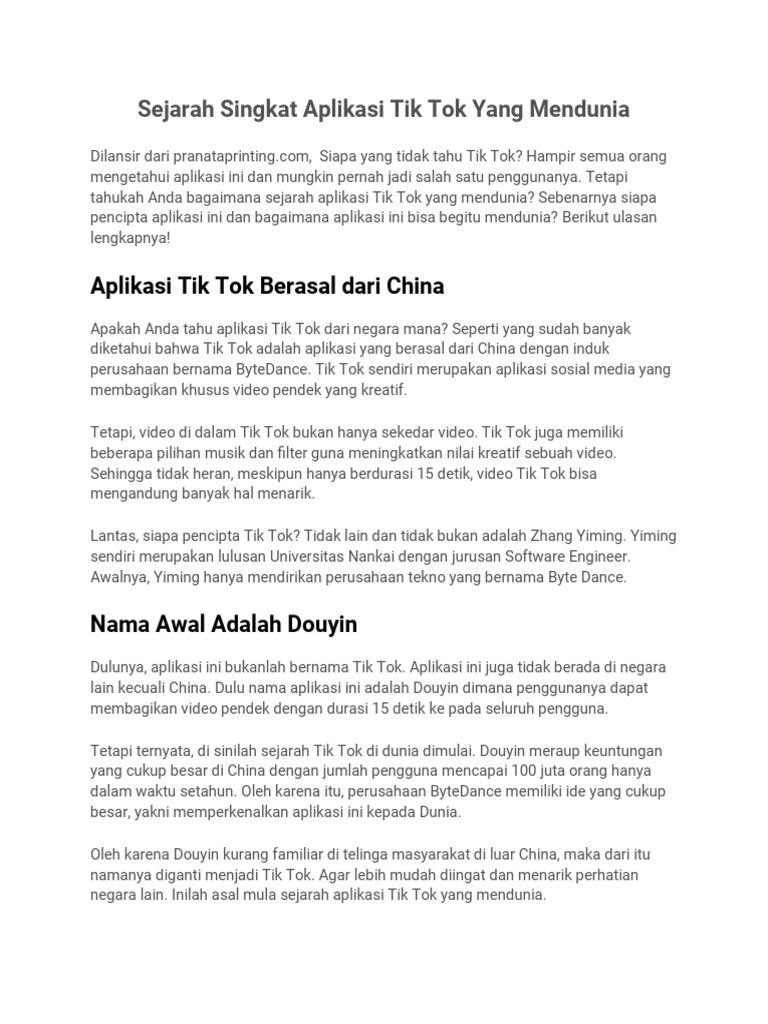 Sejarah Singkat Aplikasi Tik Tok Yang Mendunia | PDF