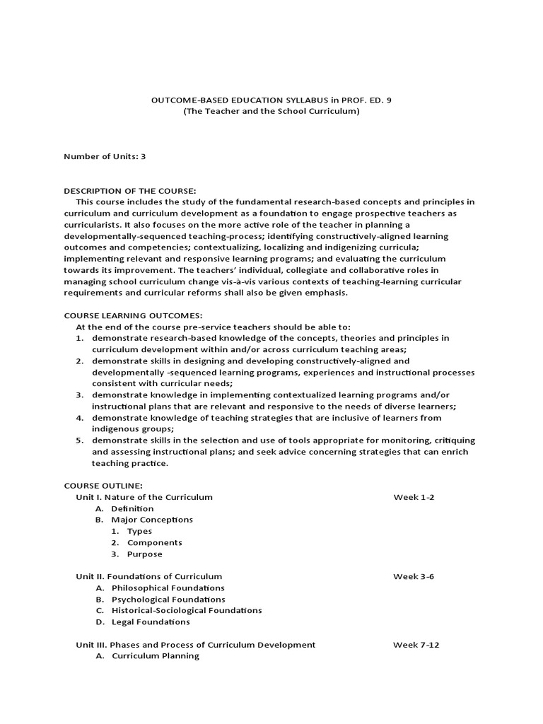 Prof Ed 9 The Teacher And The School Curriculum Syllabus Pdf