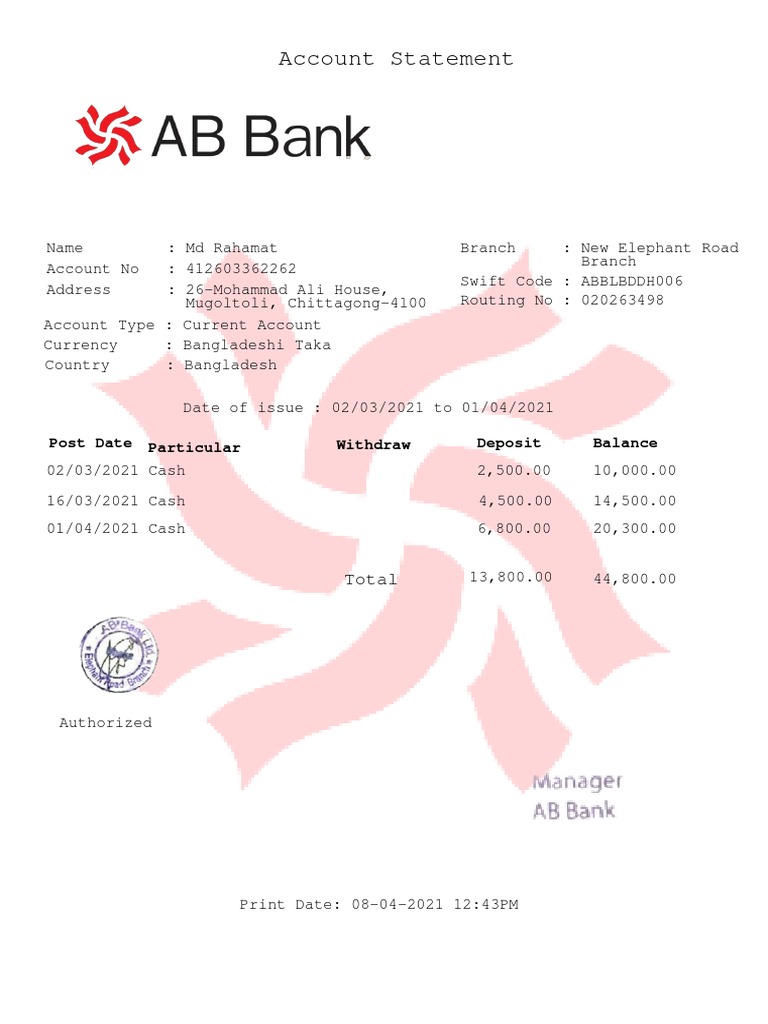 Bank Statement AB Bank1 | PDF