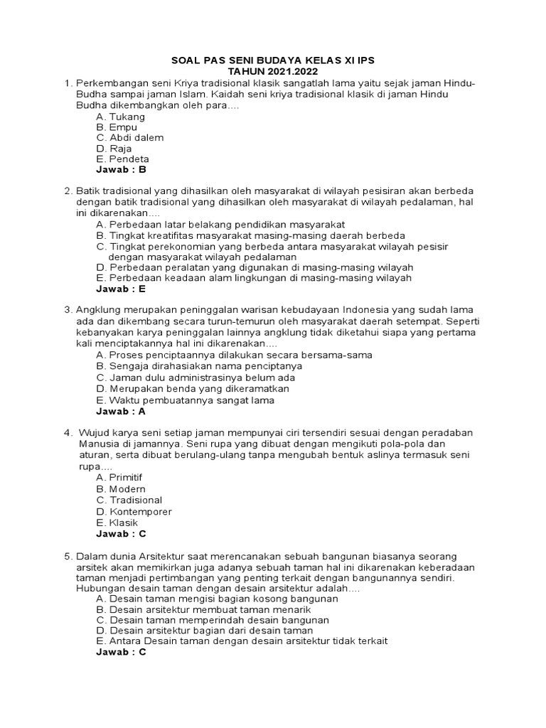Soal Pas Seni Budaya Kelas Xi Ips 2021.2022 | PDF | Ilmu Sosial