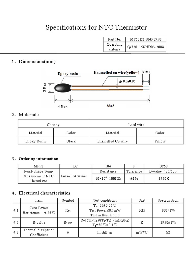 Specifications For NTC Thermistor: Dimensions (MM) | PDF | Electrical ...
