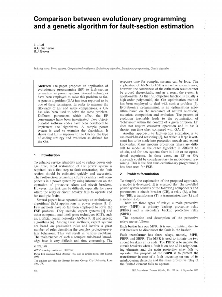 Comparison Between Evolutionary Programming and A Genetic Algorithm For Fault-Section Estimation ...