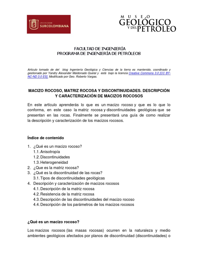 Macizo Rocoso, Matriz Rocosa y Discontinuidades. Descripción y ...