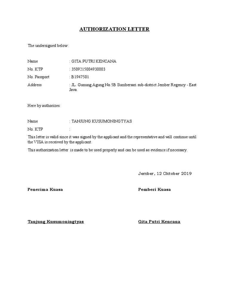 Authorization Letter Visa | PDF