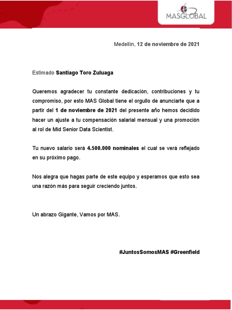 Formato Carta Ajuste Salarial | PDF | Sueldos y salarios | Compensación ...