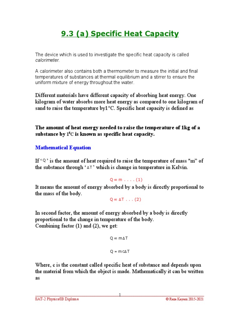 9.3 (A) Specific Heat Capacity | PDF | Heat Capacity | Temperature