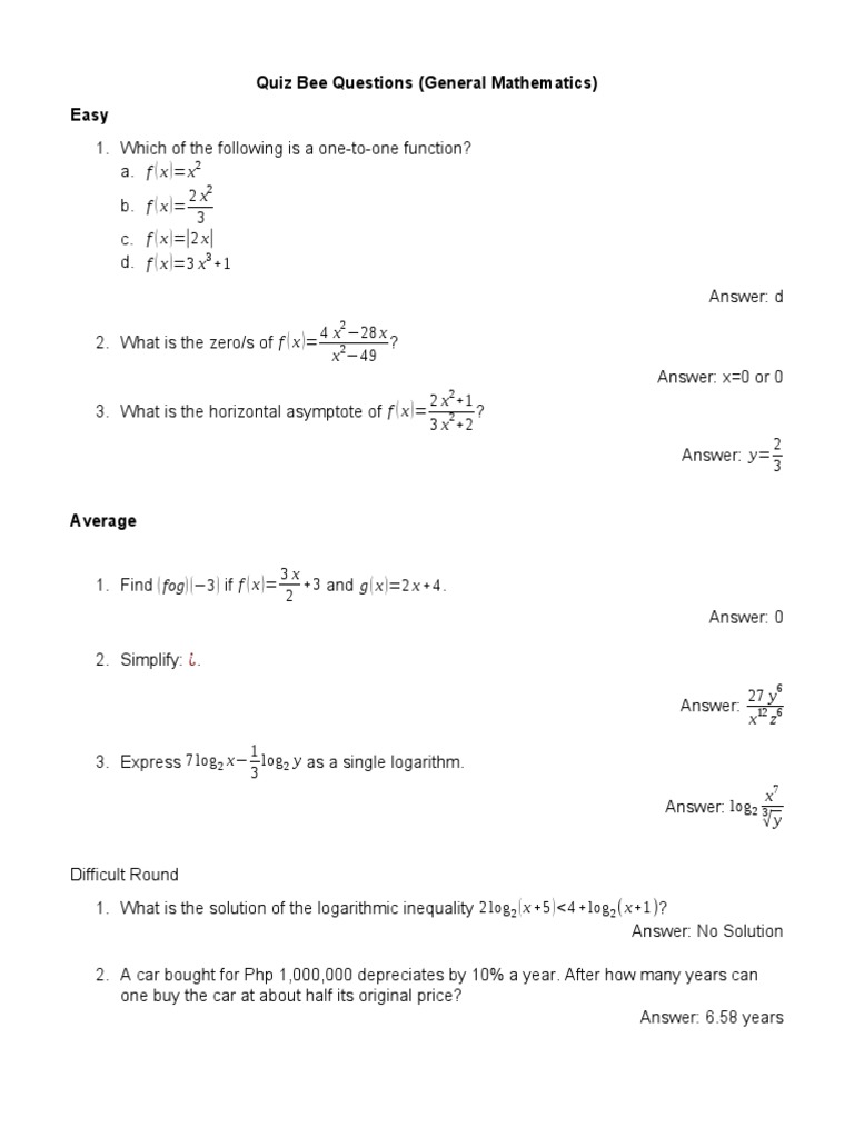 GenMath Quiz Bee Questions | PDF | Logarithm | Mathematics GenMath Quiz Bee Questions | PDF | Logarithm | Mathematics