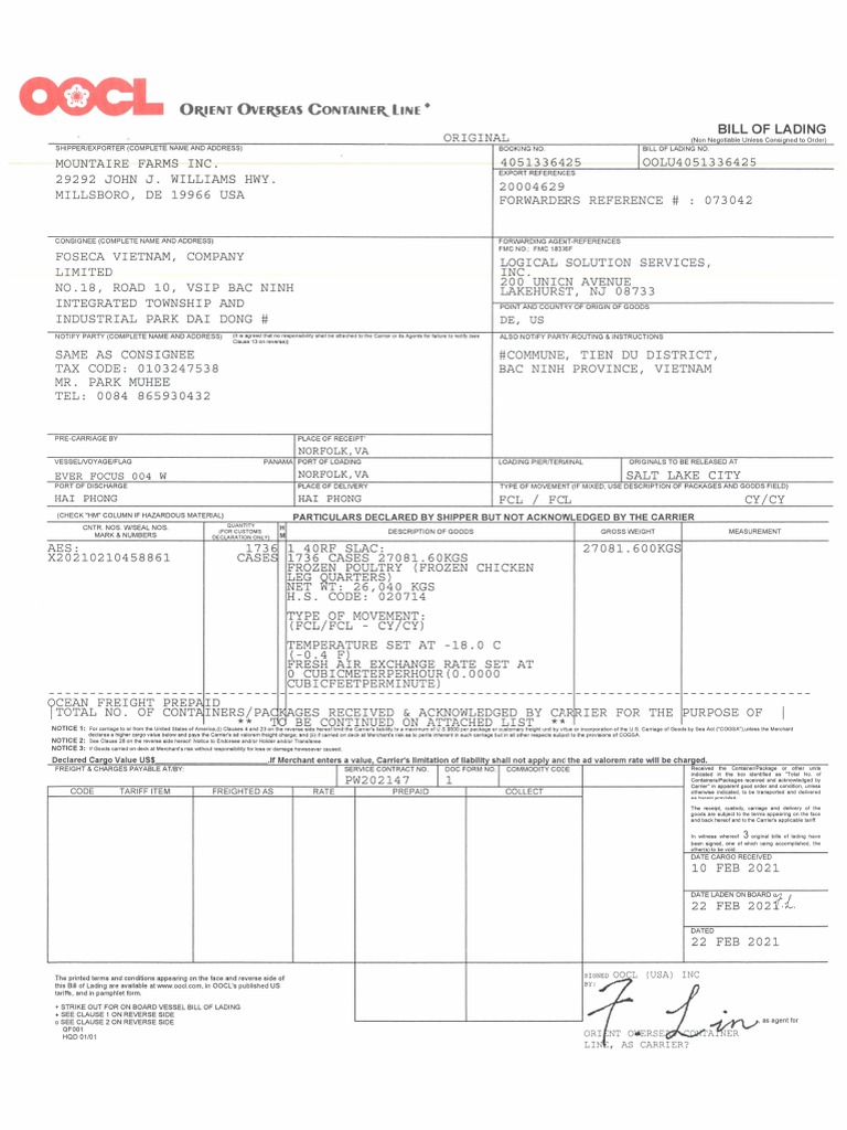 (QC) Shipping Docs 196 OOLU4051336425 | PDF