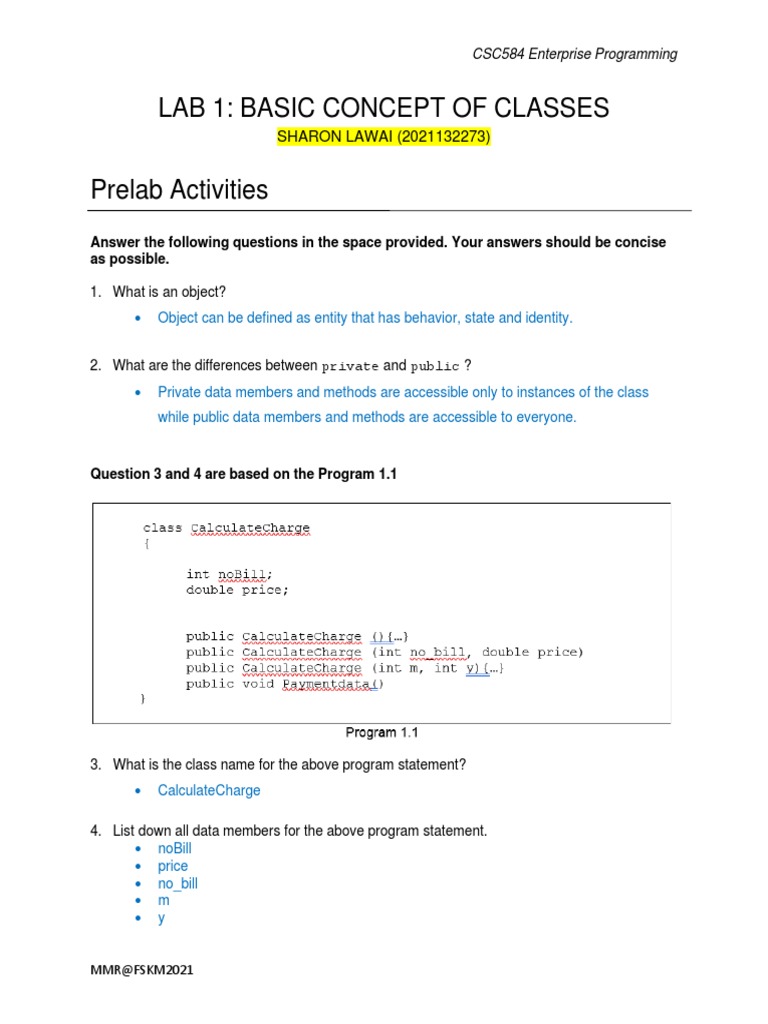 Lab 1: Basic Concept of Classes: SHARON LAWAI (2021132273) | PDF | Class (Computer Programming ...