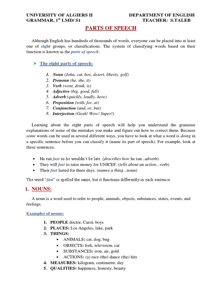 Parts of Speech Handout | Download Free PDF | Adverb | Part Of Speech