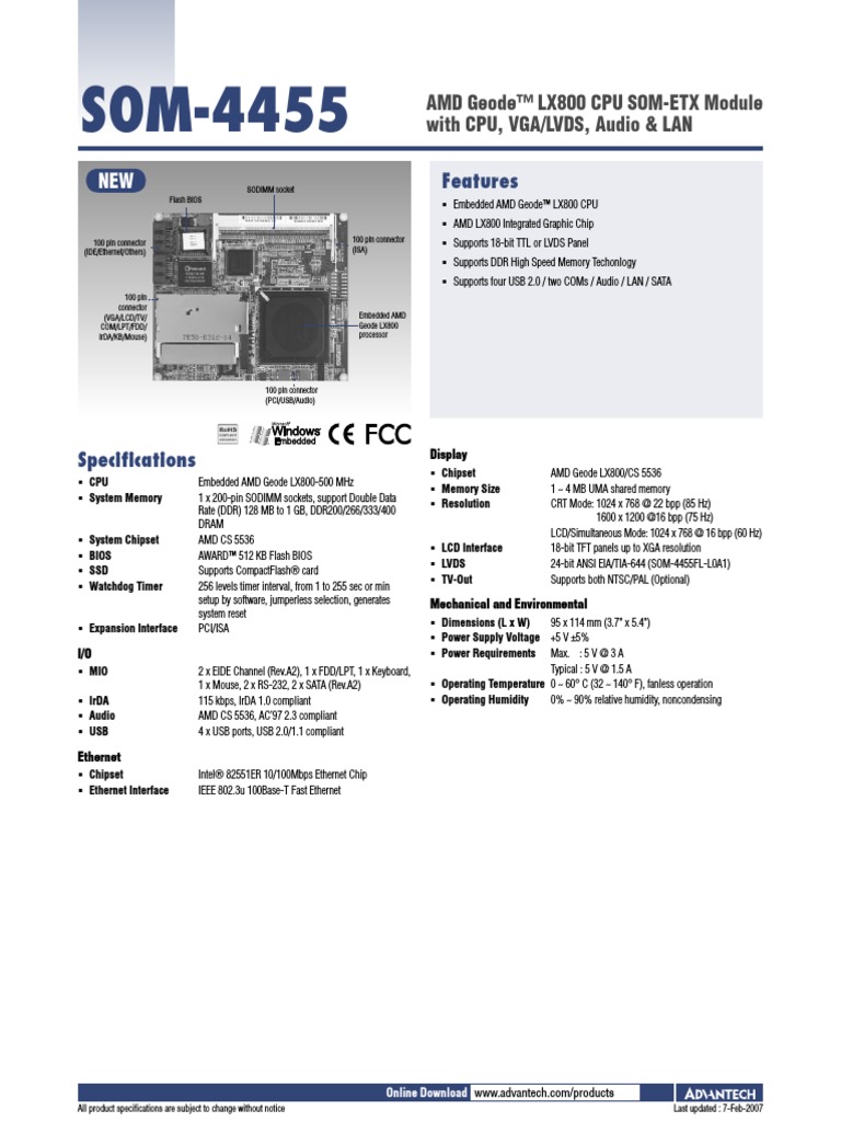Features: AMD Geode™ LX800 CPU SOM-ETX Module With CPU, VGA/LVDS, Audio ...