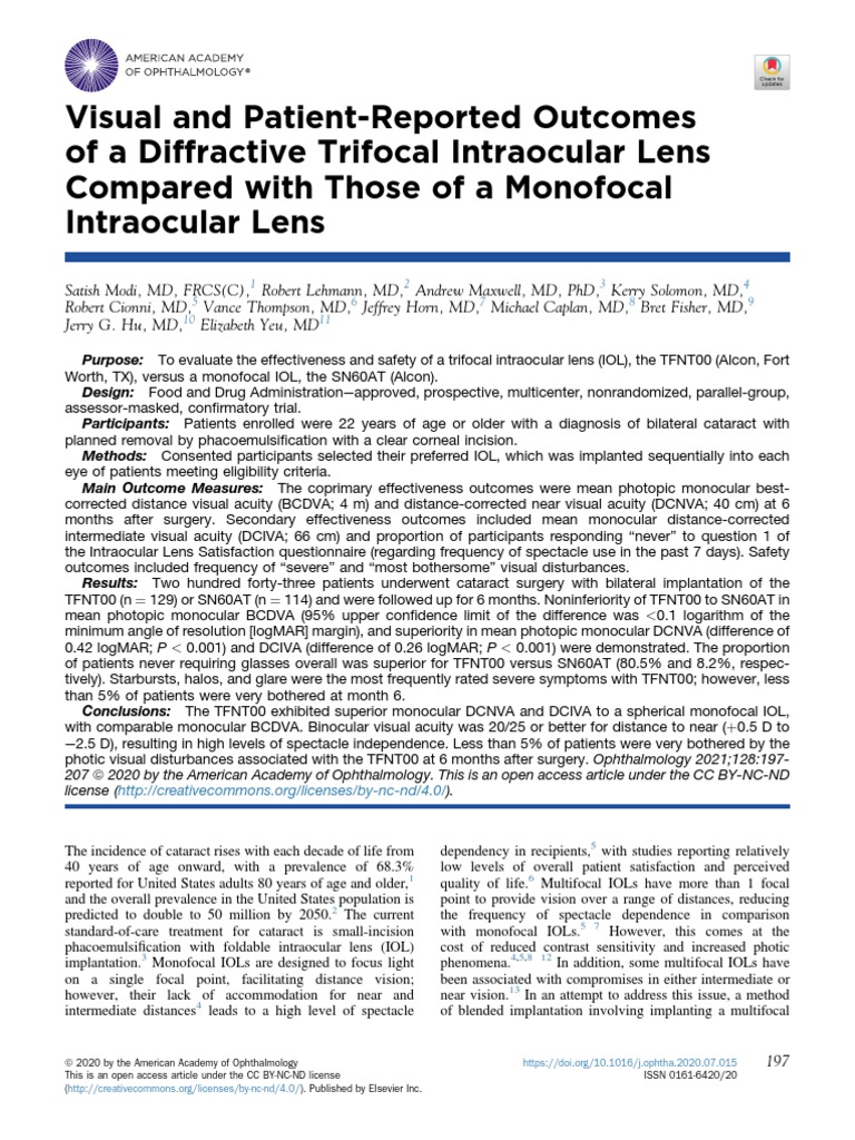 Visual and Patient-Reported Outcomes of A Diffractive Trifocal ...