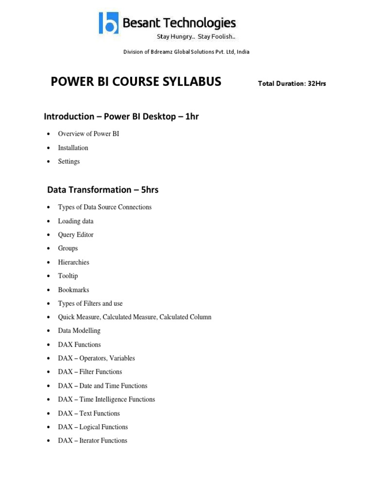 Power BI Course Syllabus - by Murali P N, Besant Technologies | PDF ...