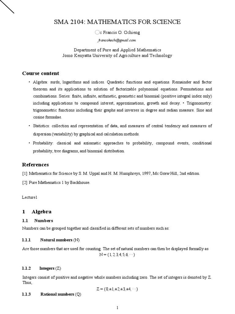 SMA 2104 Maths For Sciences 1 | PDF | Quadratic Equation | Numbers