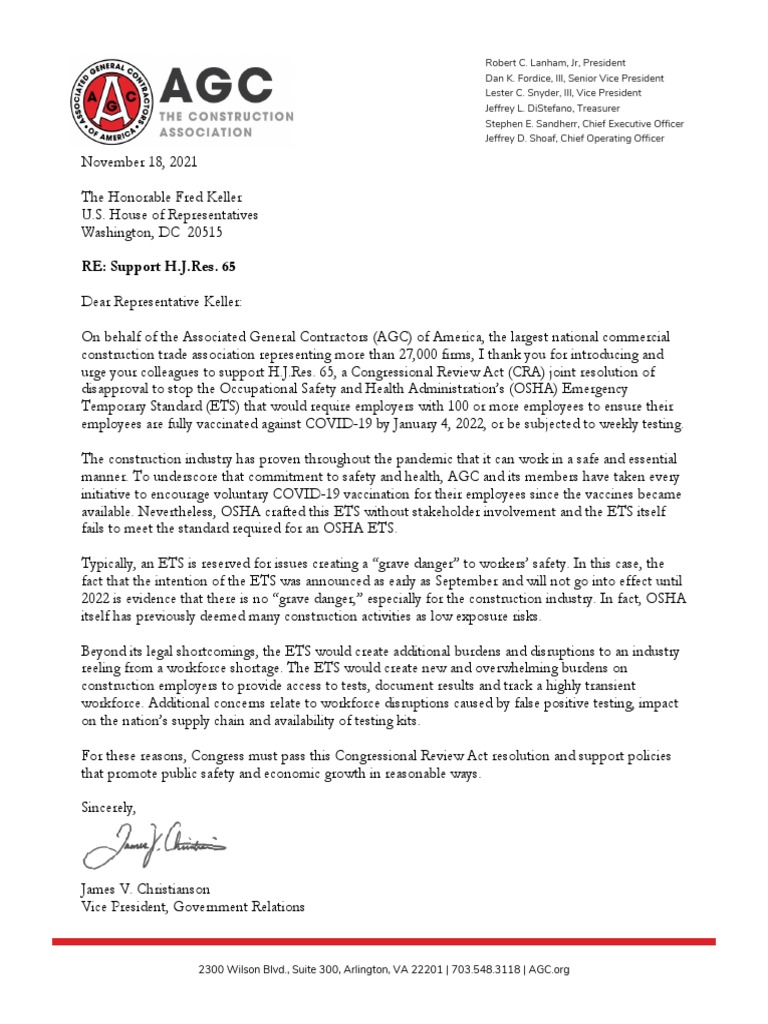 AGC Support Letter For Keller CRA | PDF | Occupational Safety And ...