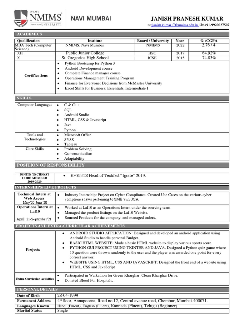 CV - Janish Pranesh Kumar | PDF | Websites | Java Script