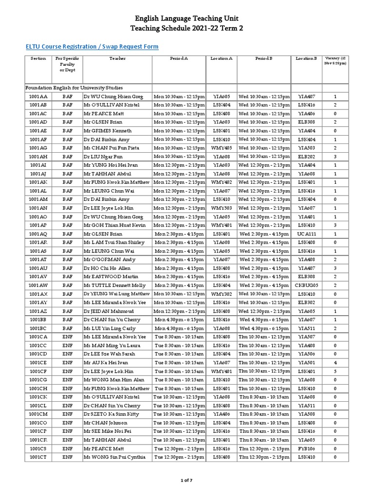 Header Teaching Schedule ELTU Webpage | PDF