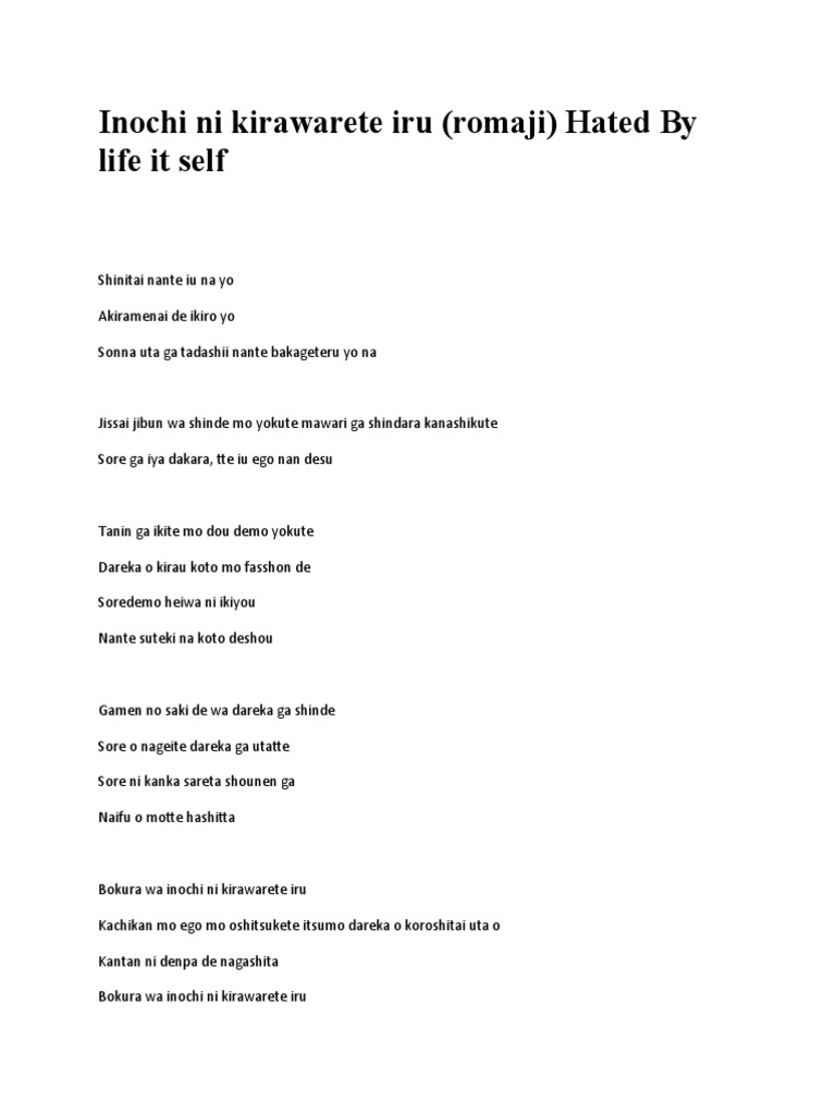 Inochi Ni Kirawarete Iru (Romaji) Hated by Life It Self | PDF | Foreign Language Studies ...