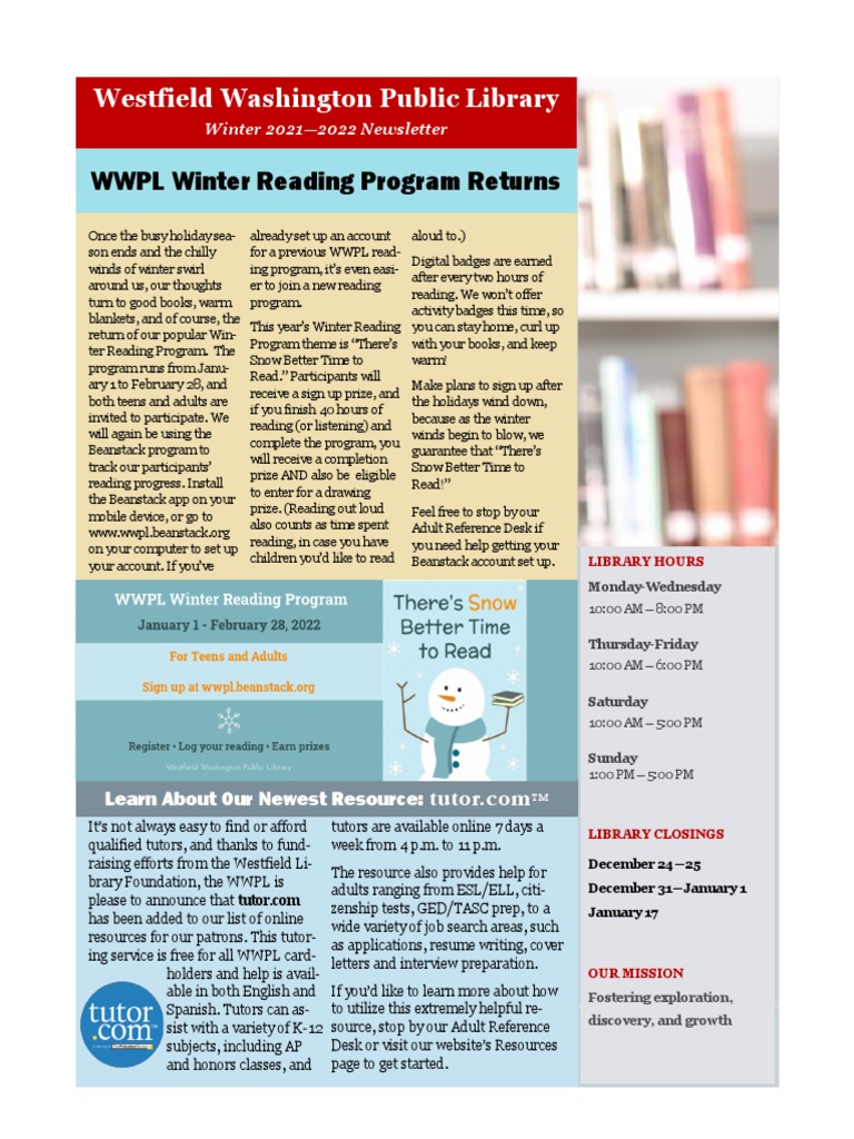 WWPL Winter Reading Program Returns: Westfield Washington Public ...
