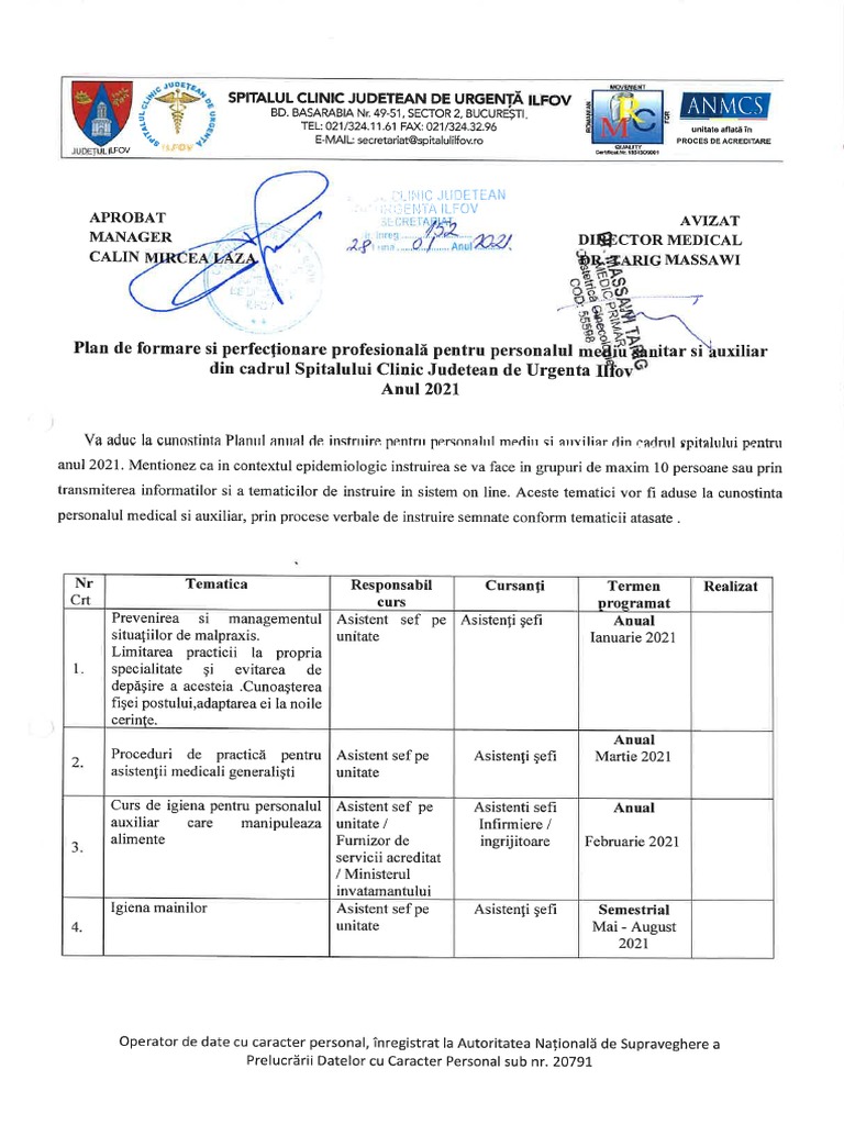 Plan de Formare Si Perfectionare Personal Sanitar - AN 2021 | PDF
